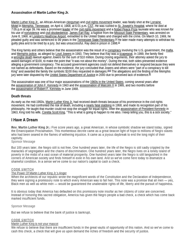 Assassination of Martin Luther King JR | PDF