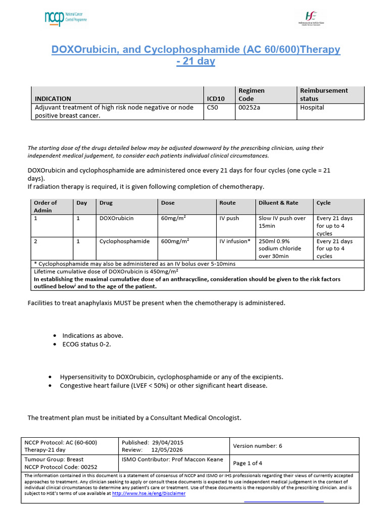 NCCP AC Chemotherapy Protocol for Breast Cancer | PDF | Chemotherapy ...