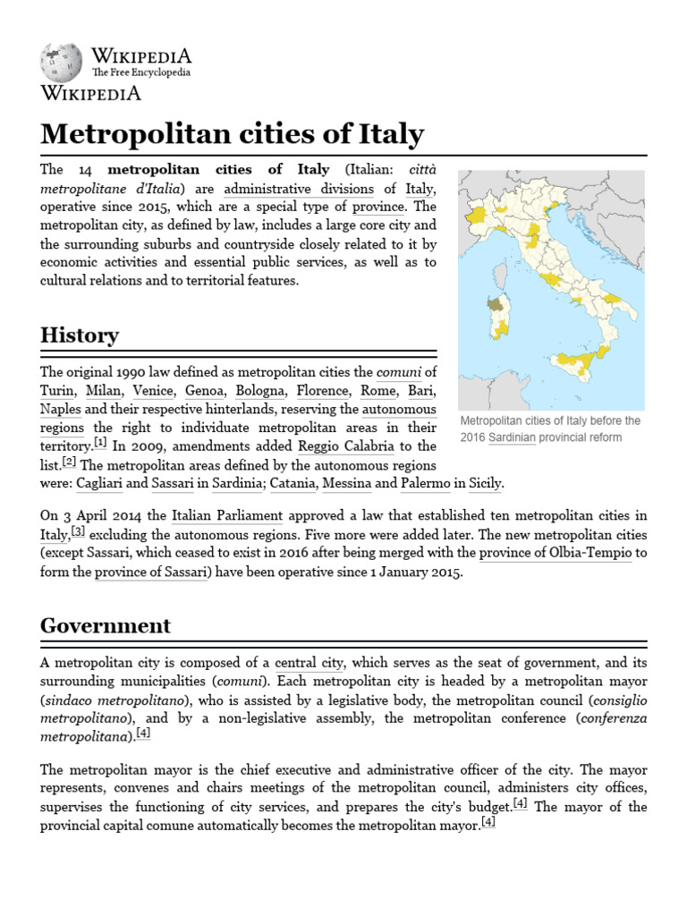 Overview of Italy's Metropolitan Cities | PDF | Government