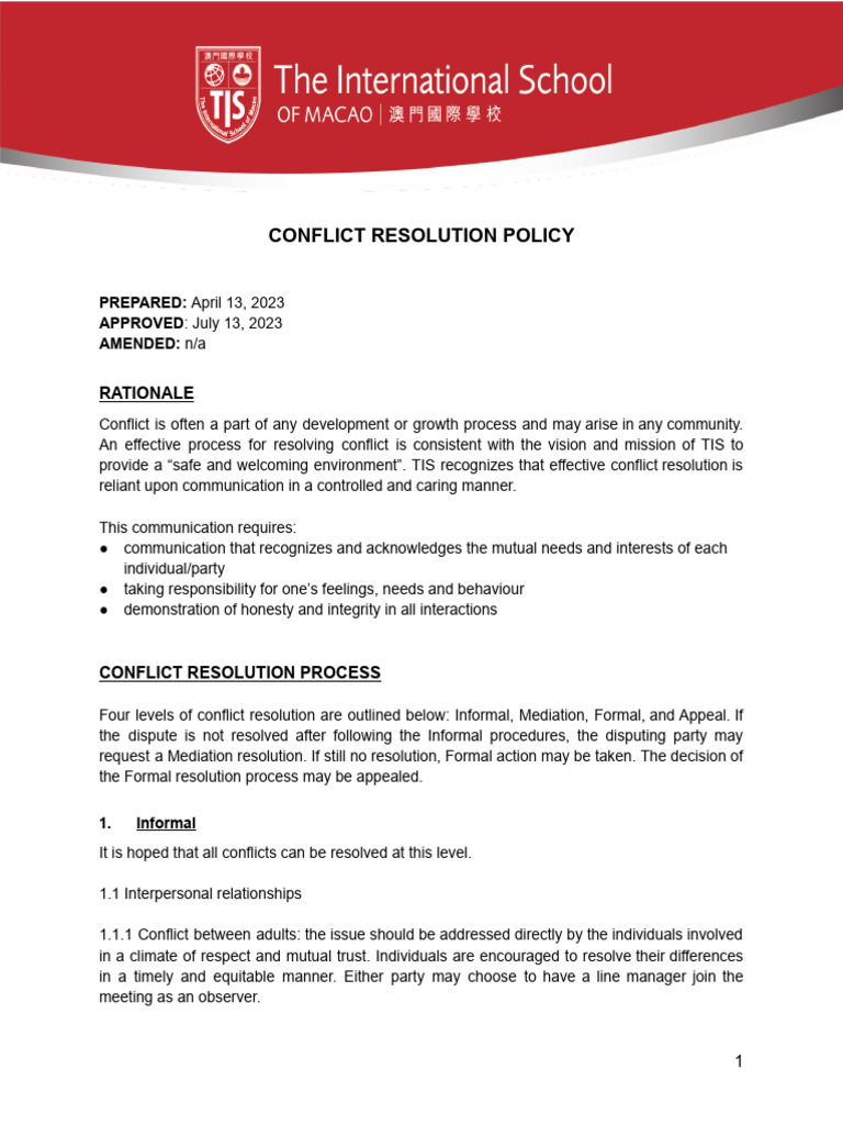 Conflict Resolution Policy | PDF | Mediation | Teachers