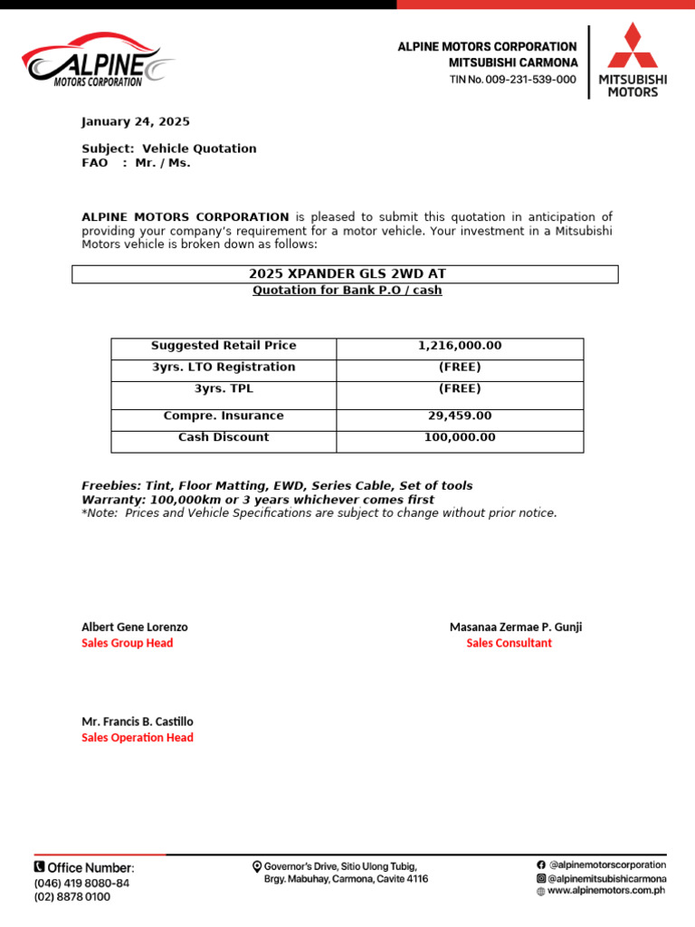 2025 XPANDER GLS Quotation Details | PDF