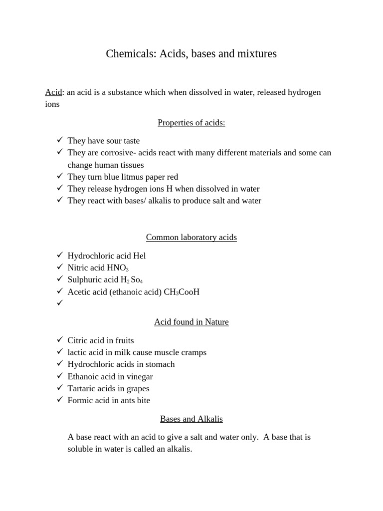 Chemicals, Acids Bases and Mixtures | PDF | Acid | Mixture