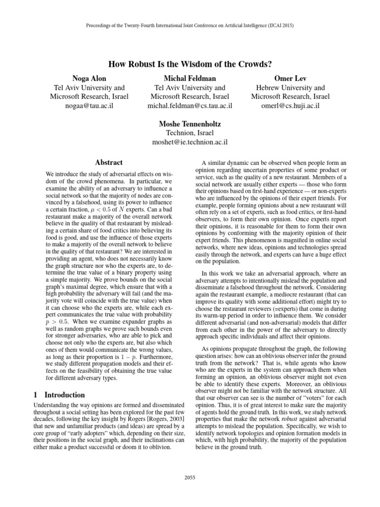 Alon N., Feldman M, Lev Omern, Tennenholtz M. How Robust is the Wisdom of the Crowds, 2015 | PDF ...