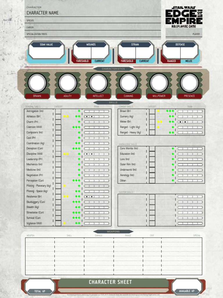 EotE CharacterSheet Fillable v4 | PDF | Role Playing Games | Role Playing Video Games