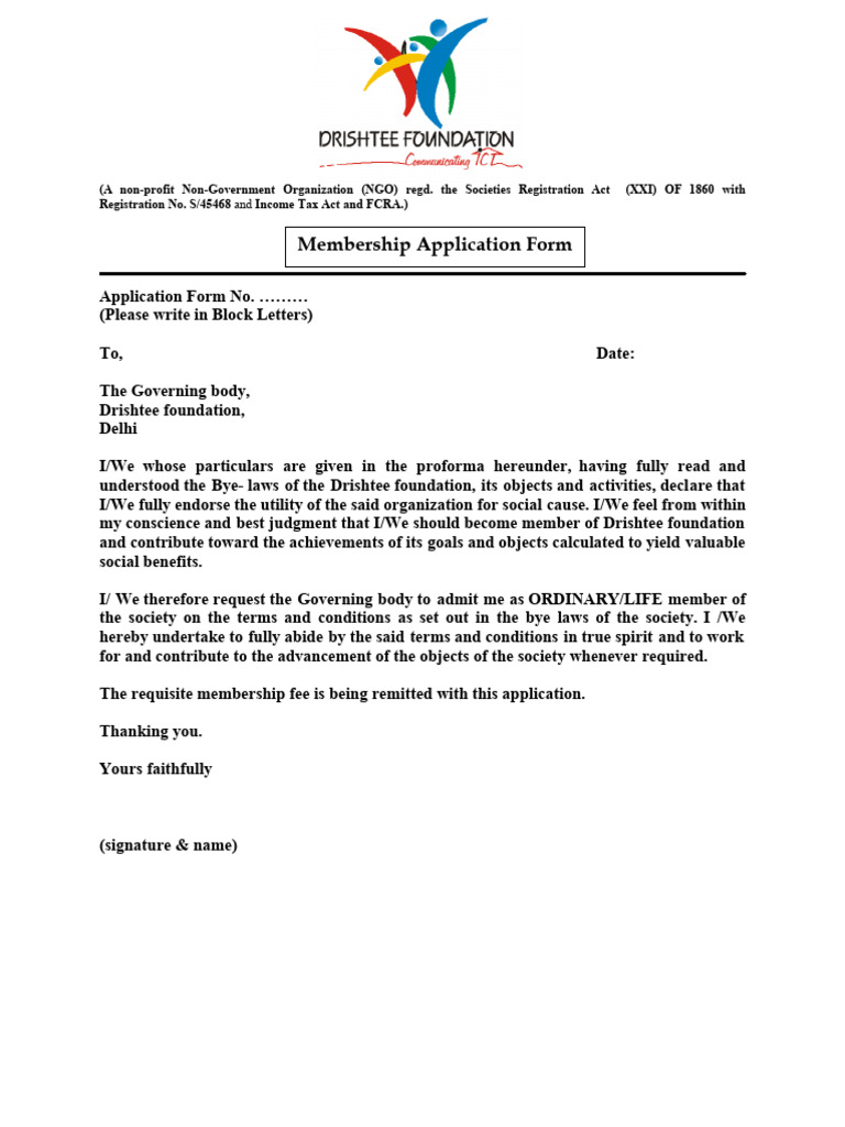 Drishtee Foundation Membership Form | PDF