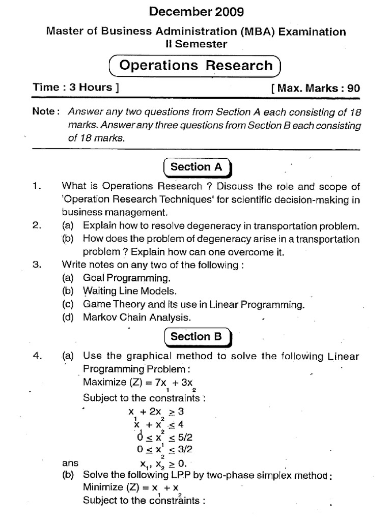 Mba 2 Sem Operation Research For Business Decision 2009 | PDF