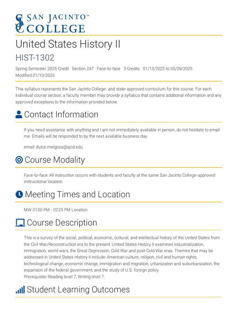 United States History II HIST 1302 Spring Semester 2025 Credit | PDF ...