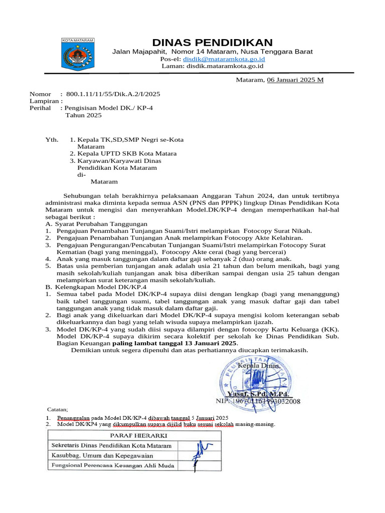 Surat Pengisian Model DK - KP4 Tahun 2025 | PDF