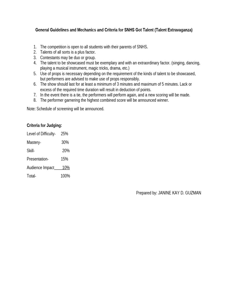 SNHS Talent Show Guidelines | PDF