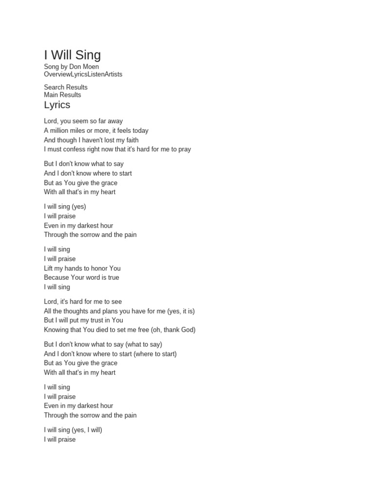 "I Will Sing - Don Moen Lyrics" | PDF