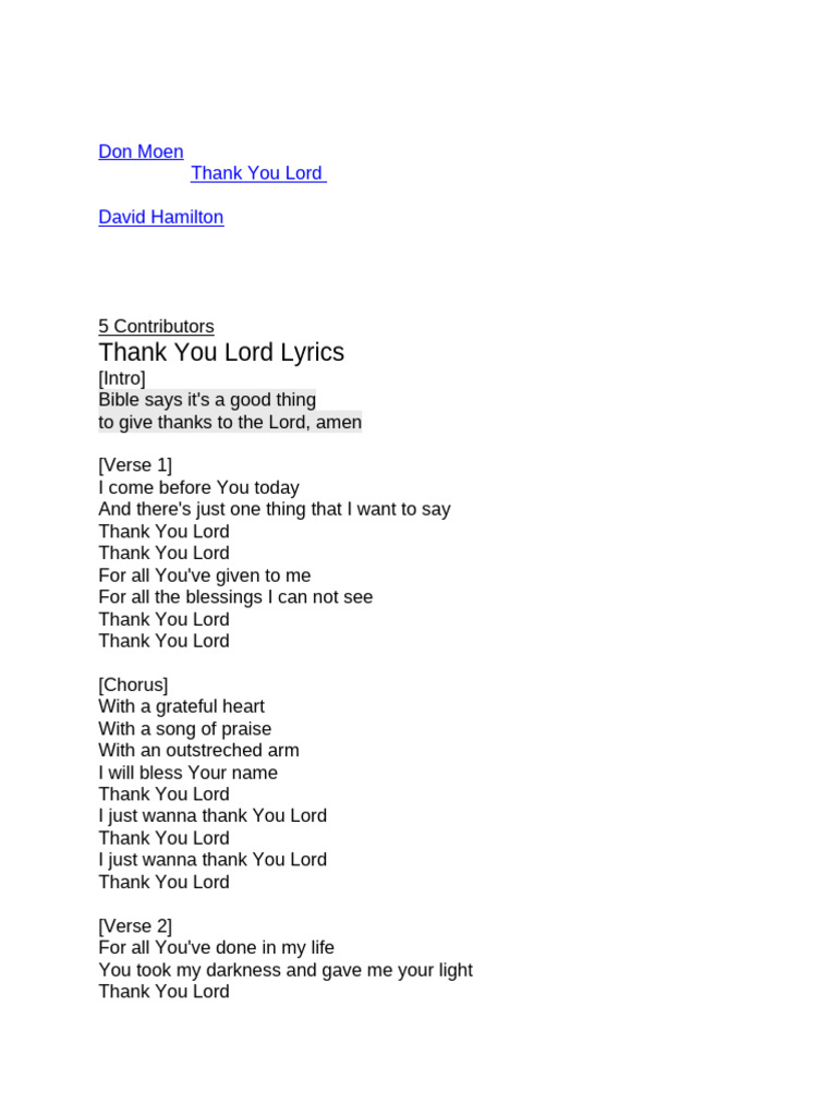 Thank You Lord Lyrics by Don Moen | PDF