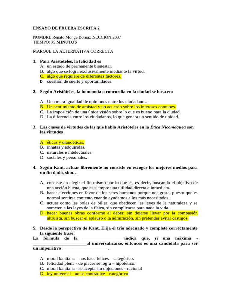 Ensayo de Prueba Escrita-Examen 2 | PDF | Utilitarismo | John Stuart Mill