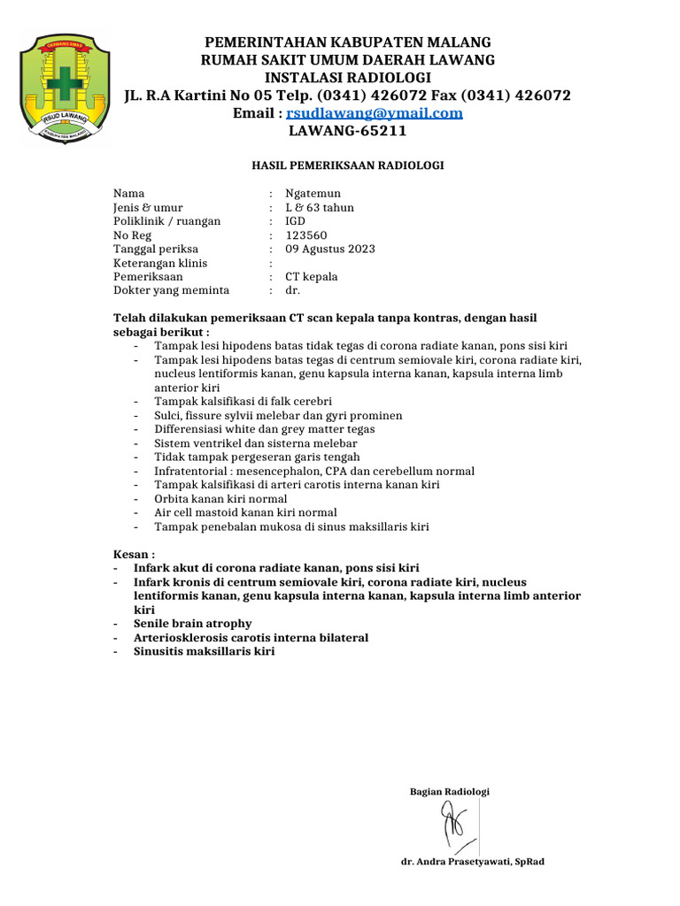 123560 ngatemun CT scan kepala infark senile arteri sinus | PDF
