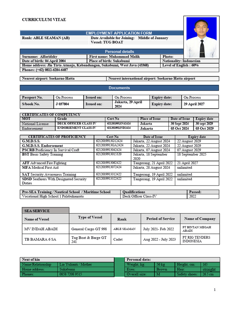 CV Malik Alfaridzky TB 1 | PDF | Shipping | Water Transport