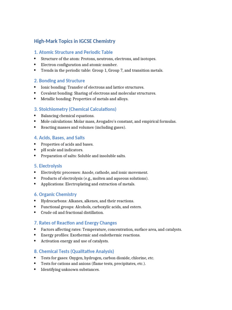 High-Mark Topics IGCSE Chemistry | PDF