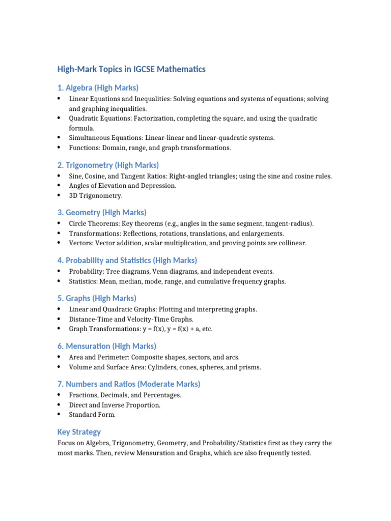 High-Mark Topics IGCSE Maths | PDF