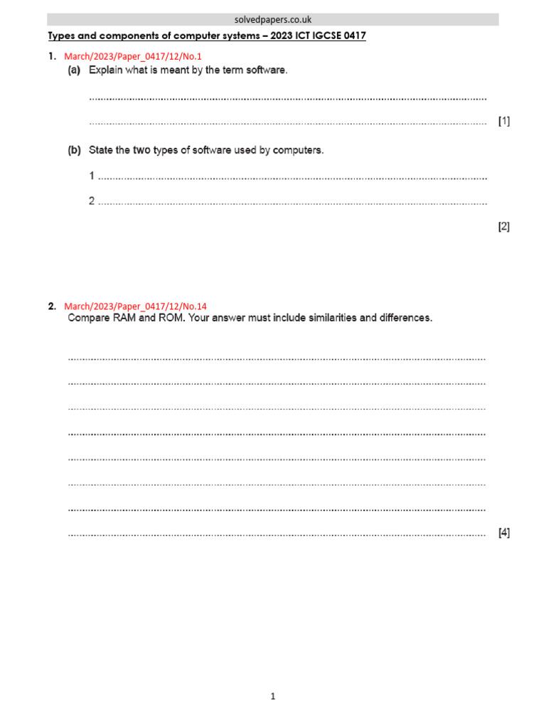 2023 Types and Components of Computer Systems IGCSE ICT 0417 | PDF