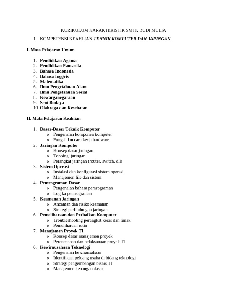 Kurikulum Karakteristik SMTK Budi Mulia | PDF