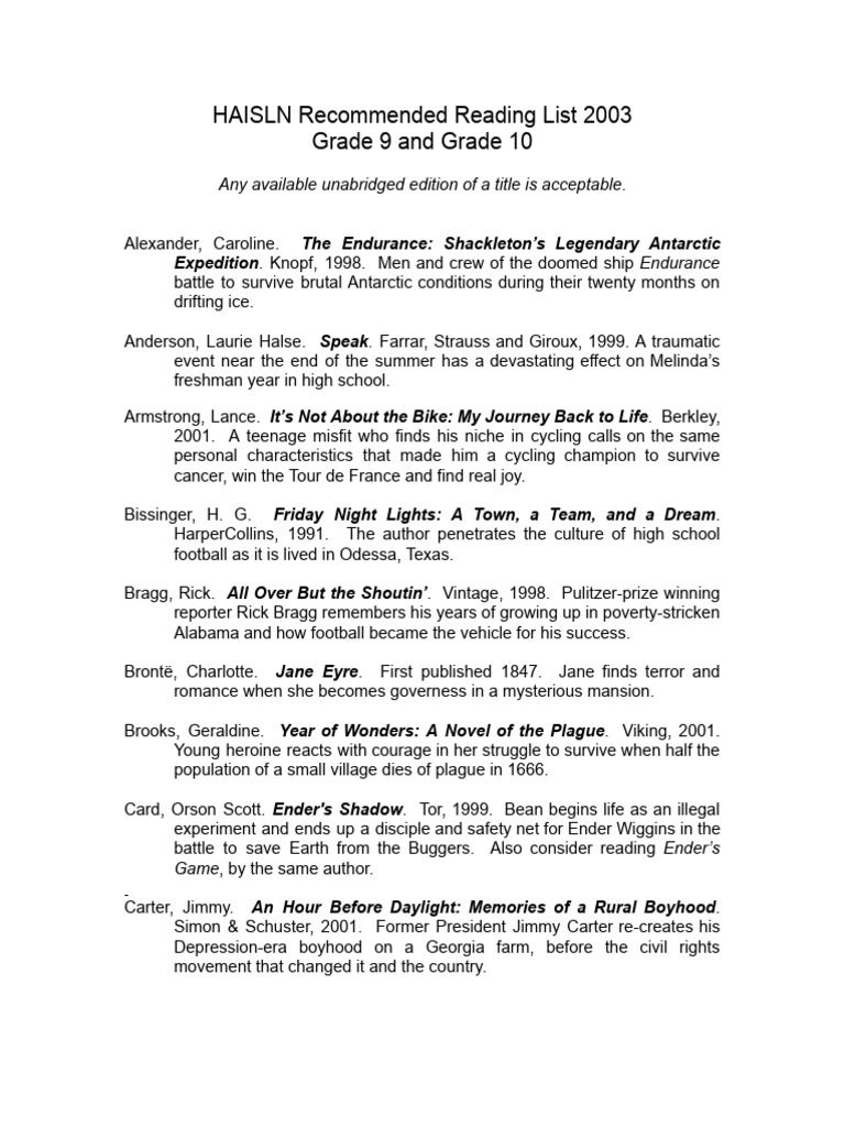HAISLN 2003 Reading List for Grades 9-10 | PDF | Dune (Novel)