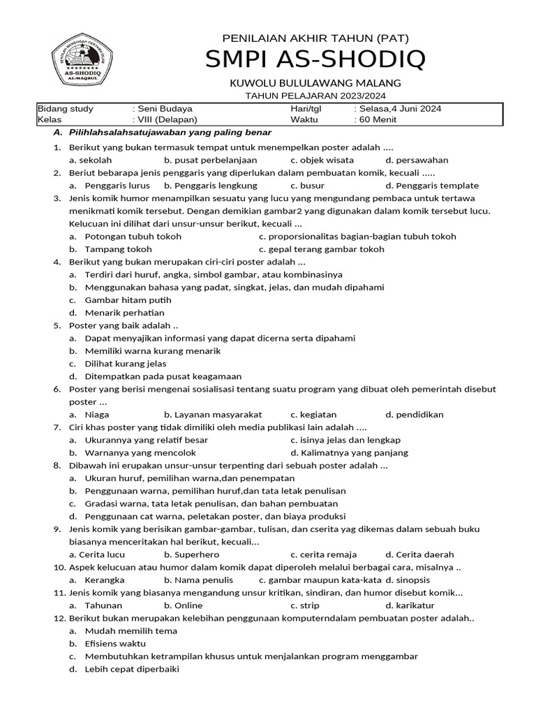 Soal SBK Pat Kelas 8 - 2024 | PDF
