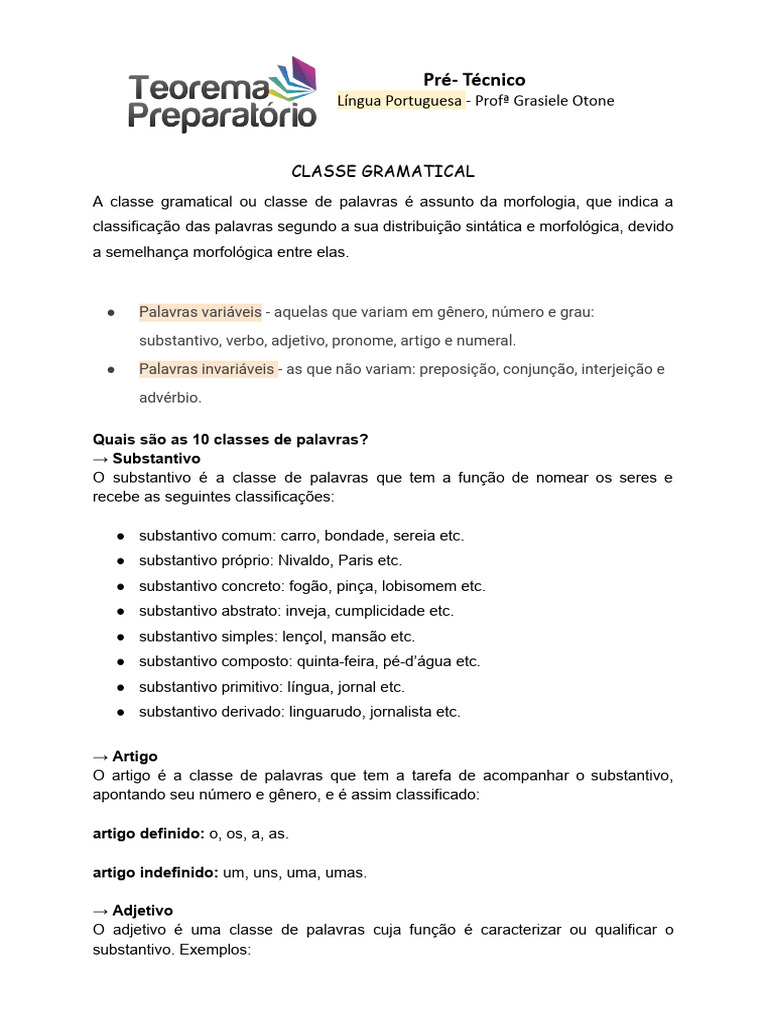 1 - Classes Gramaticais (Resumo Para o Quadro) | PDF | Classe gramatical | Pronome