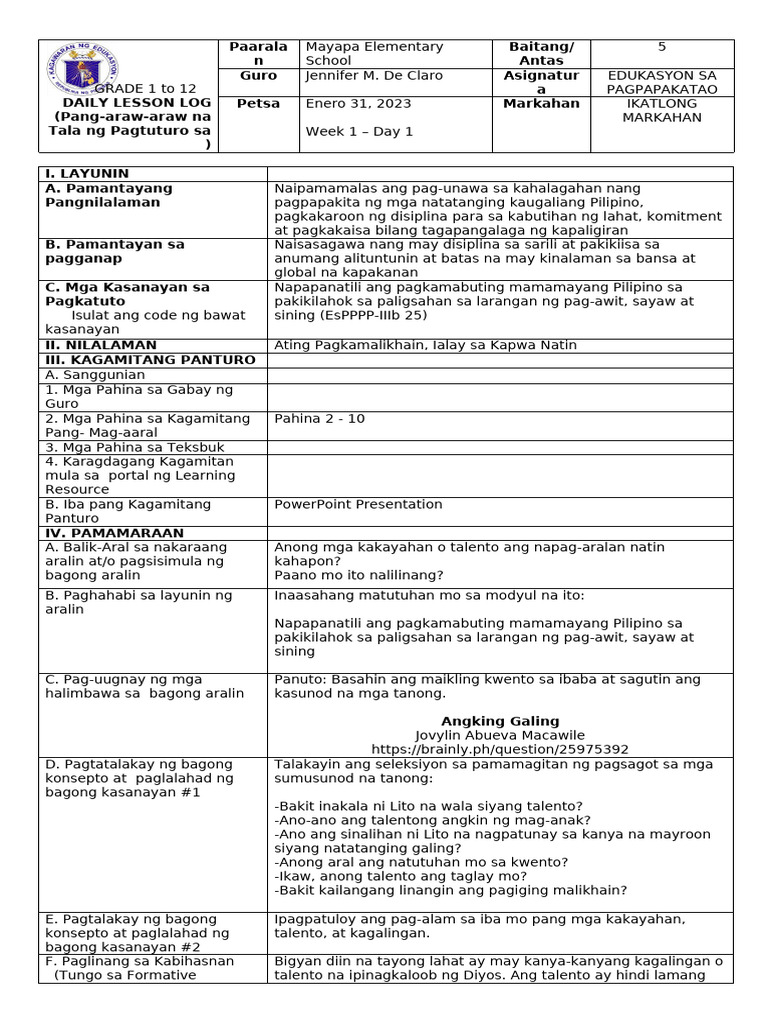 Esp DLL Q3 W1 D1 | PDF