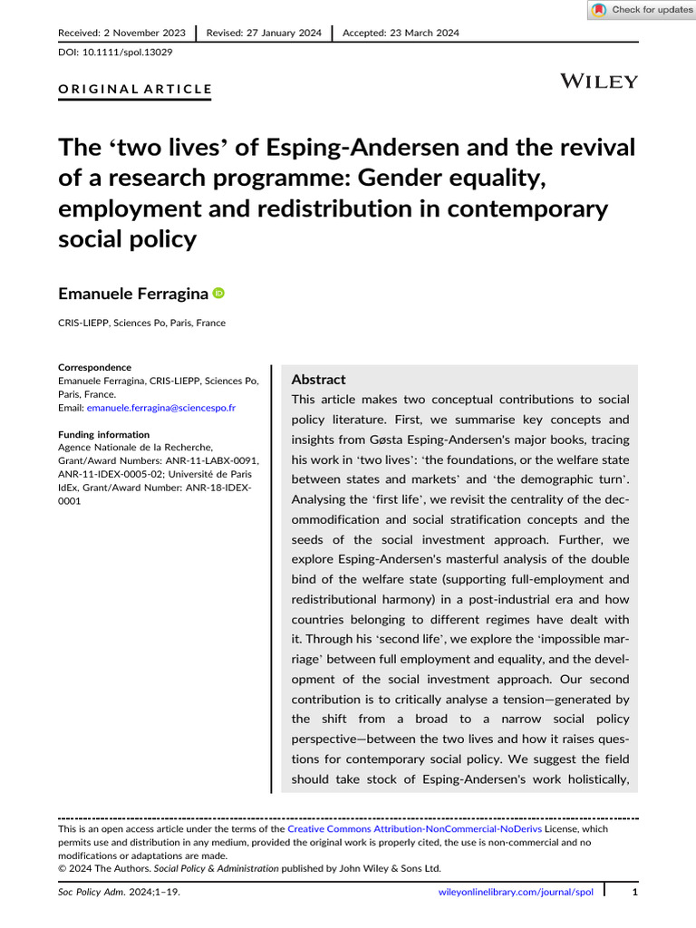 Ferragina 2024 The Two Lives of Esping Andersen and The Revival of A ...