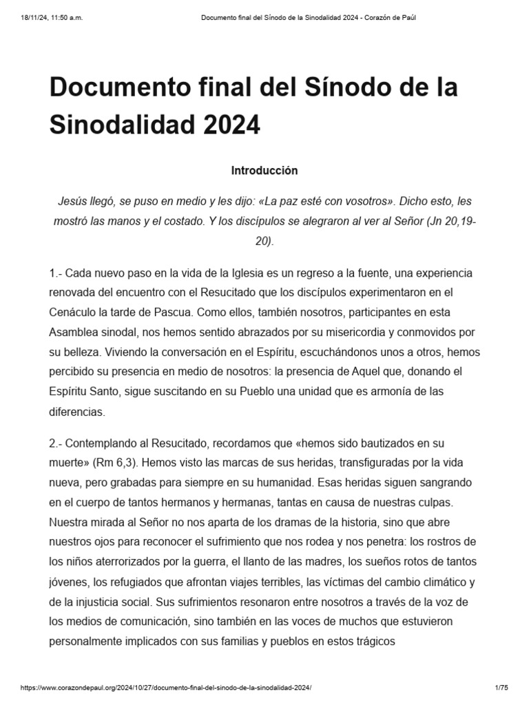 Documento Final Del Sínodo de La Sinodalidad 2024 - Corazón de Paúl | PDF | eucaristía | Iglesia ...