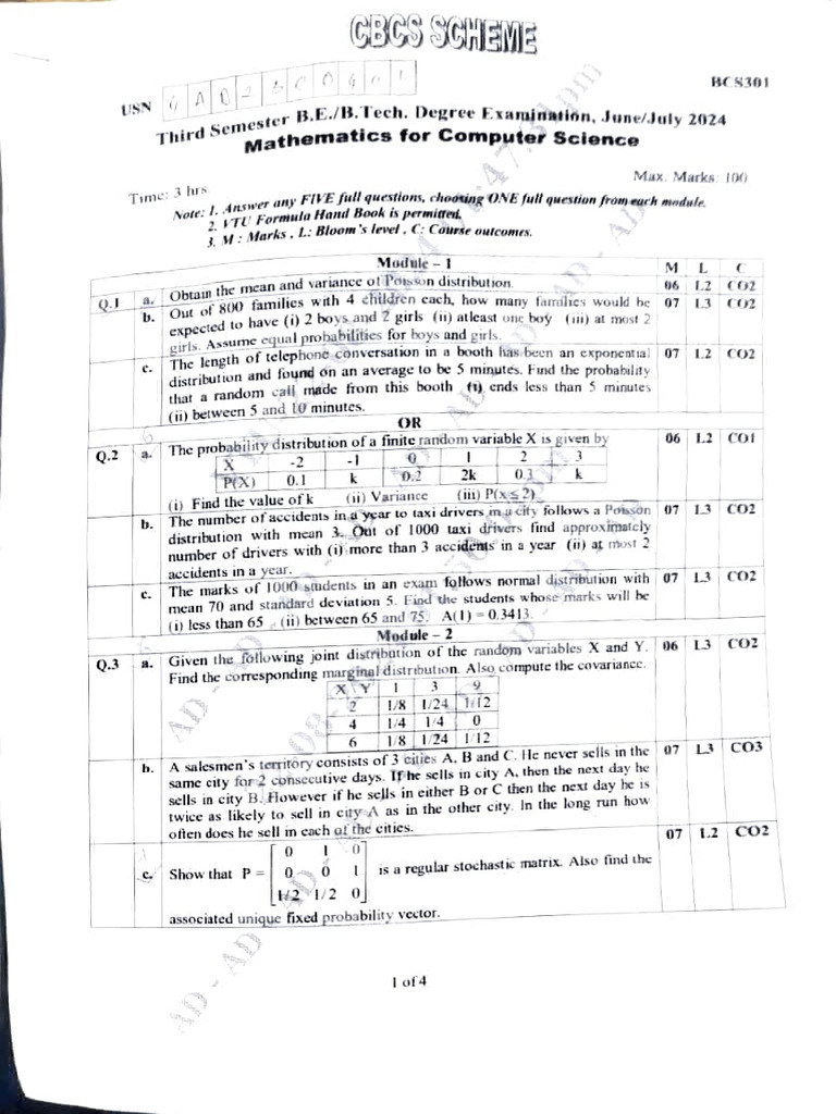 BCS301 QP 2024 | PDF | Probability Theory | Statistical Theory