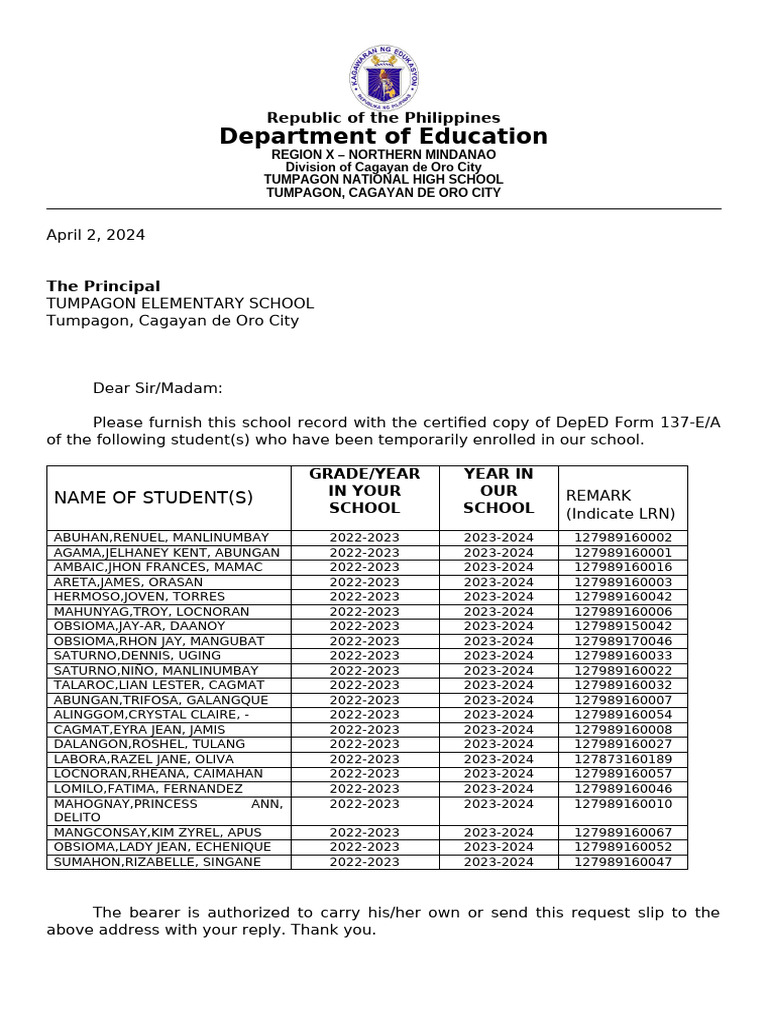 REQUEST FOR FORM 137 | PDF