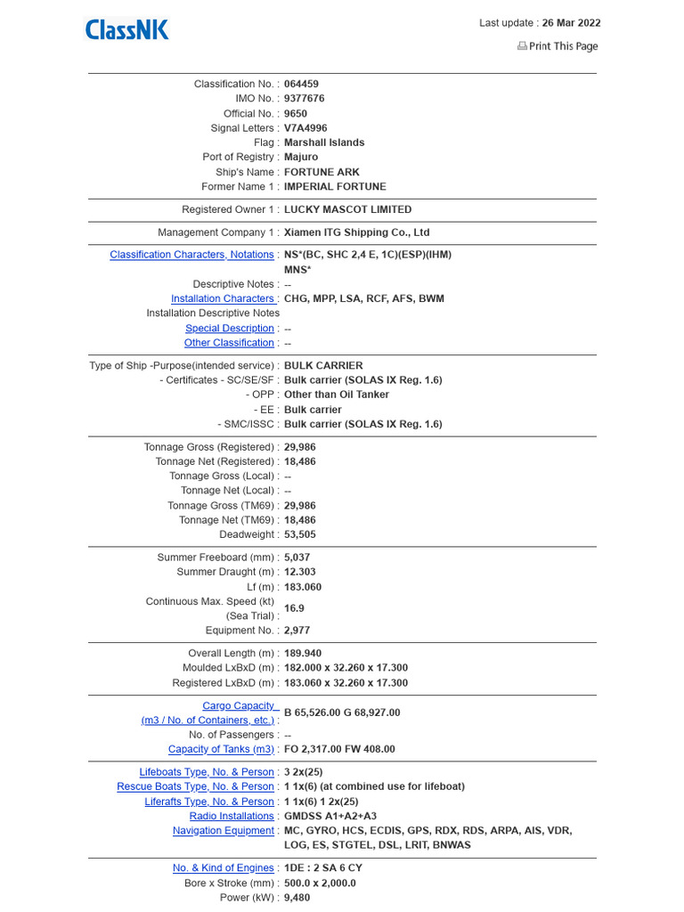 Classnk Register of Ships - M_s Fortune Ark(Cno.064459)-Parrticular | PDF | Tonnage | Ships