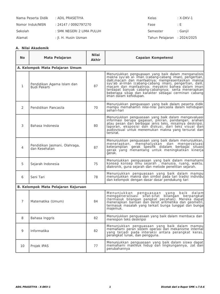 Rapor Adil Prasetiya - X-DKV-1 | PDF