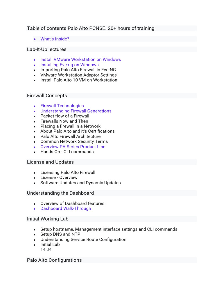 Table of Contents Palo Alto PCNSE | PDF | Firewall (Computing) | Computer Network