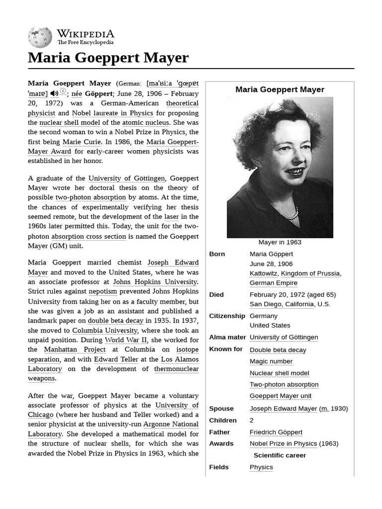 Maria Goeppert Mayer: Nobel Physicist | PDF | Nuclear Physics