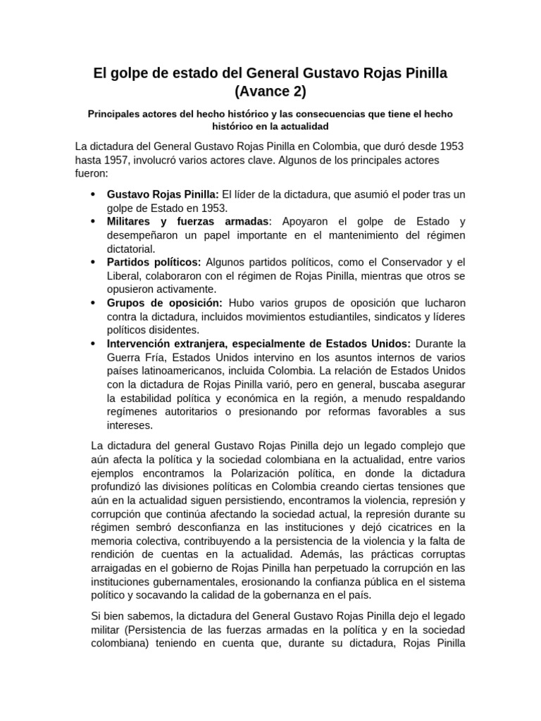 Dictadura Del General Gustavo Rojas Pinilla (Avance 2) | PDF ...