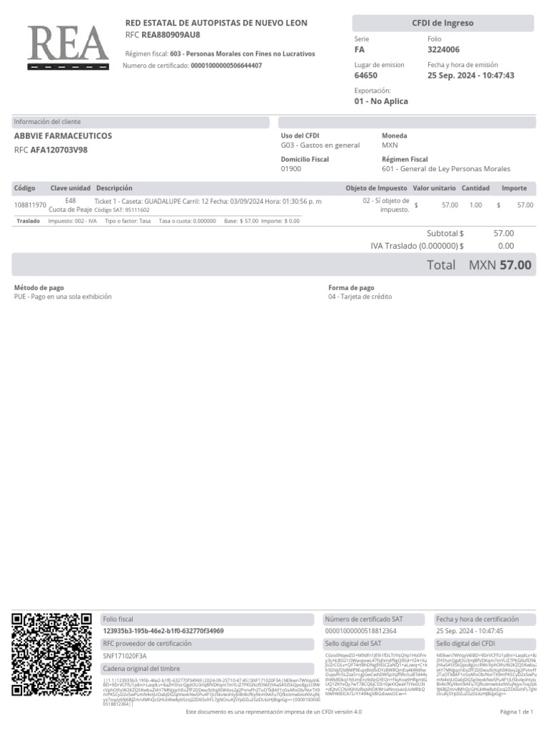 Factura Peaje Guadalupe 2024 | PDF | Pagos | Economias