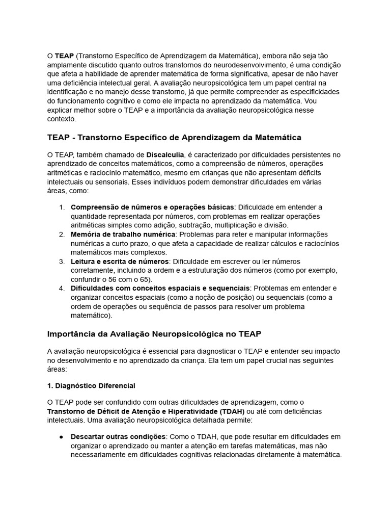 Avaliação do TEAP na Aprendizagem Matemática | PDF | Aprendizado ...