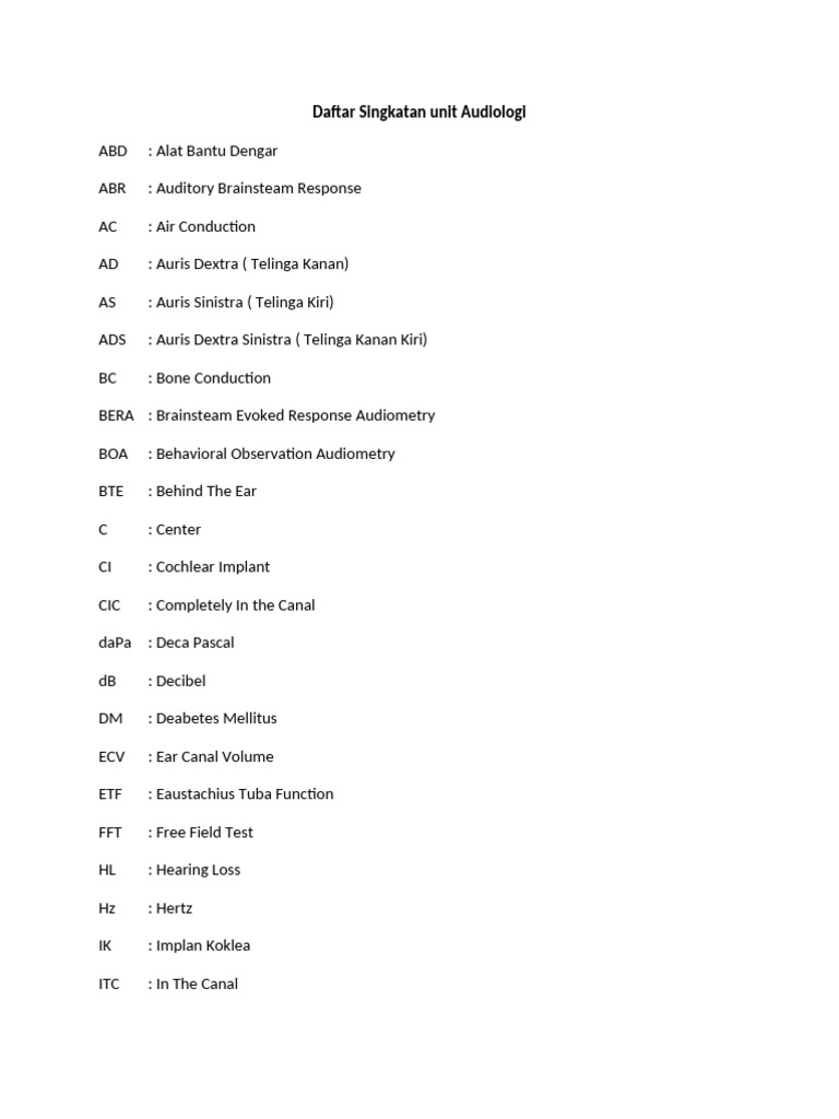 Daftar Singkatan Unit Audiologi | PDF