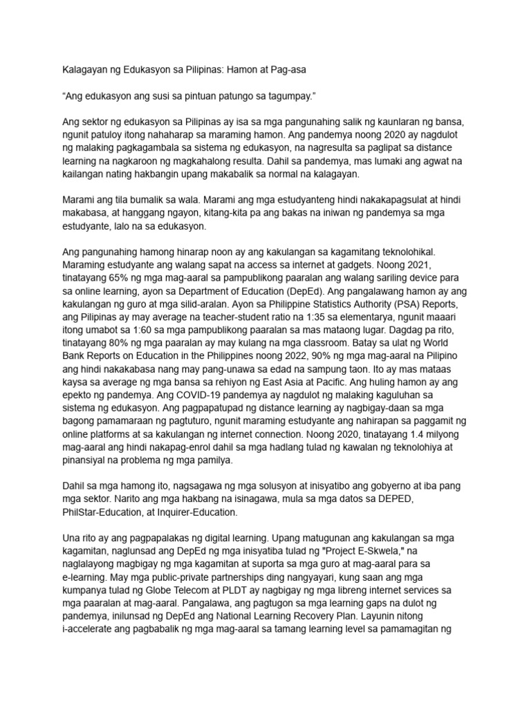 Kalagayan NG Edukasyon Sa Pilipinas - Hamon at Pag-Asa | PDF