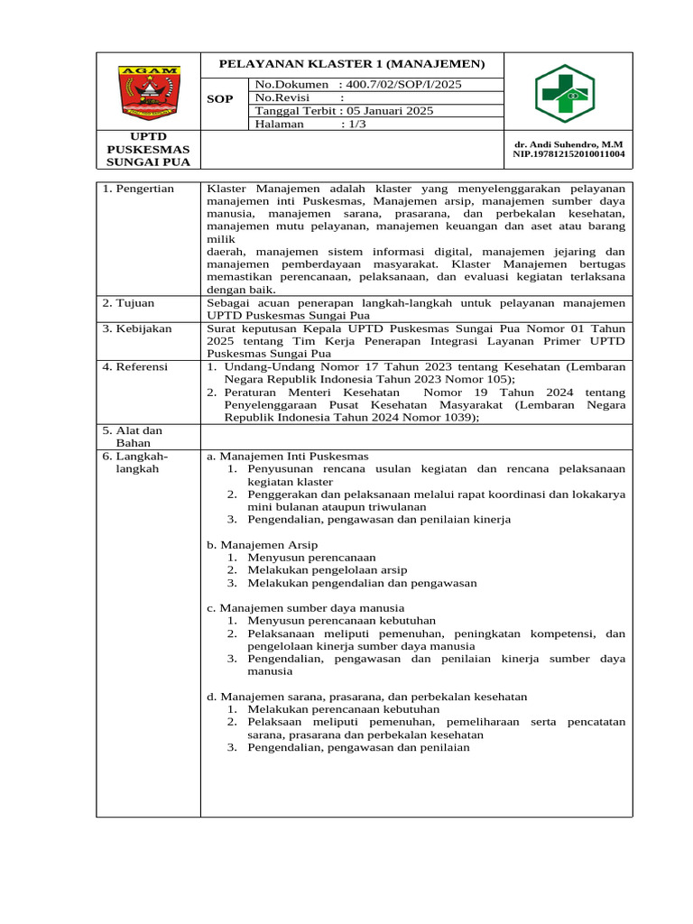 SOP klaster 1 Sungai Pua (1) | PDF