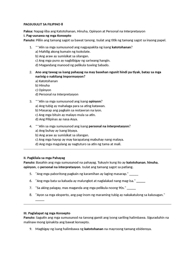 Pagsusulit Sa Filipino 8 | PDF