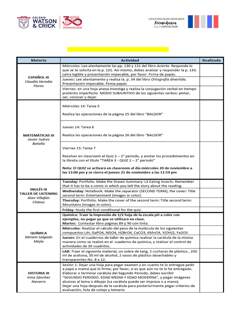 HOJA-DE-TAREAS-3° | PDF