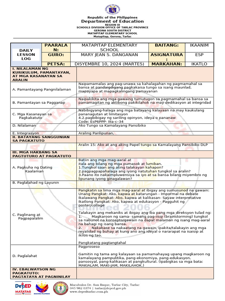 Esp6 Q3 W1 (Tuesday) | PDF