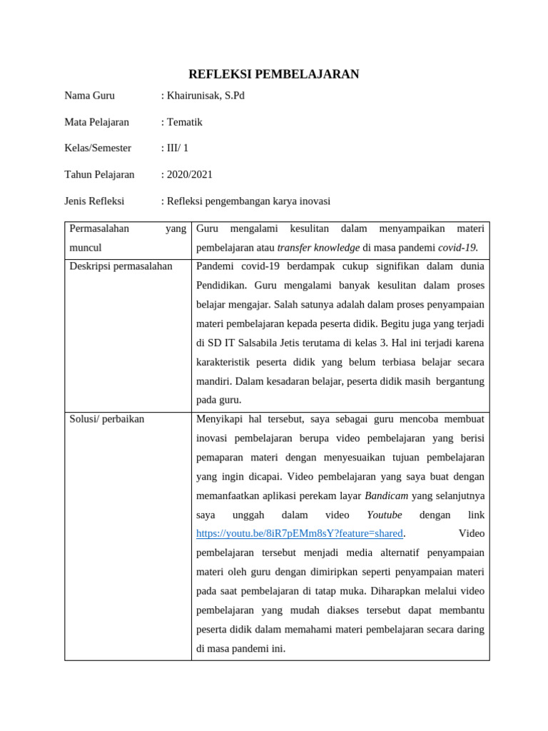 Format REFLEKSI PEMBELAJARAN | PDF