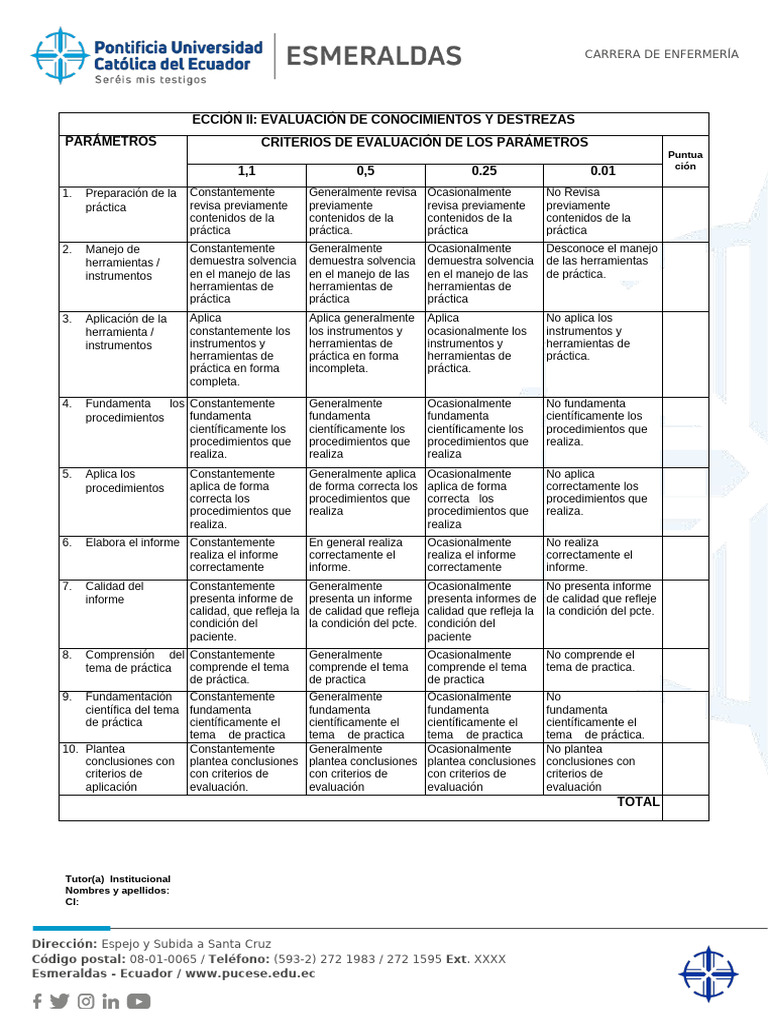 Rubrica de Evaluación Componente Conocimientos y Destrezas | PDF