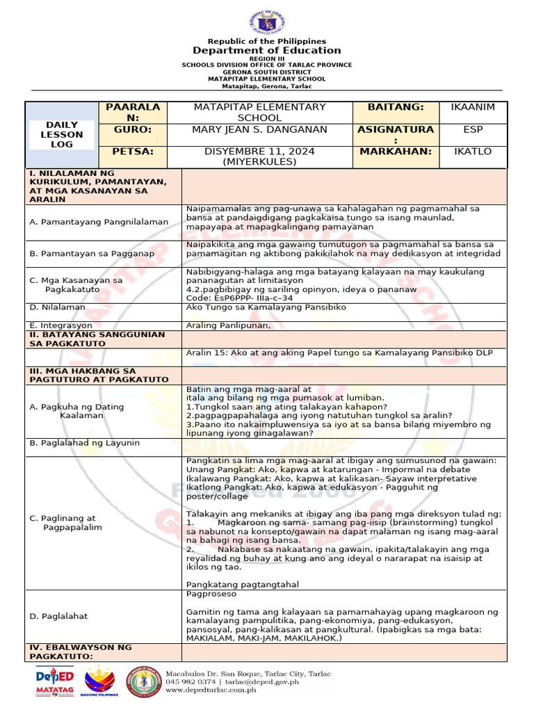 Esp6 Q3 W1 (Wednesday) | PDF