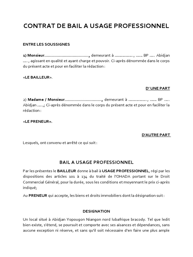 Olivier Contrat de Bail A Usage Professionnel | PDF | Impôts | Location