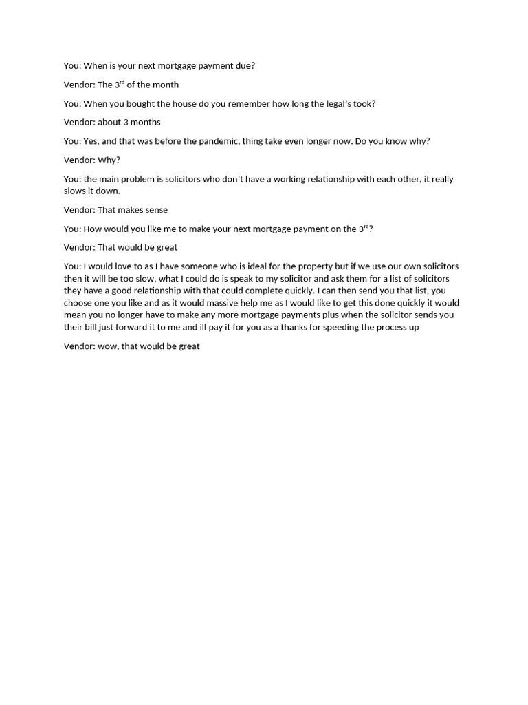 Script For Pitching Using Your Solicitor To The Vendor | PDF