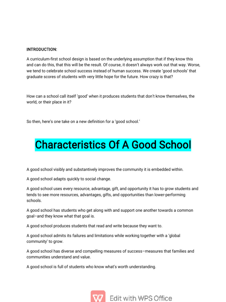 Defining Characteristics of Good Schools | PDF | Learning | Teachers