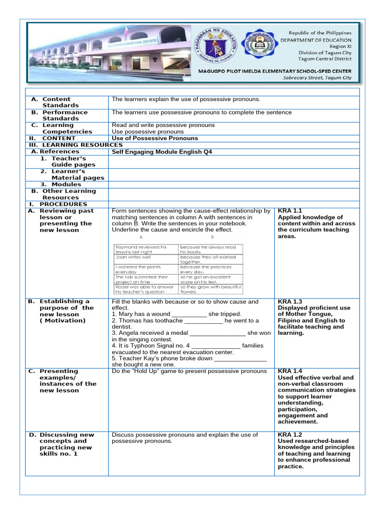 COT ENGLISH POSSESSIVE PRONOUN | PDF | Learning | Education Theory